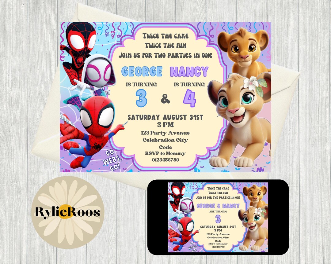 Spidey and Princess Nala Joint Birthday Invitation (digital Design) - Etsy