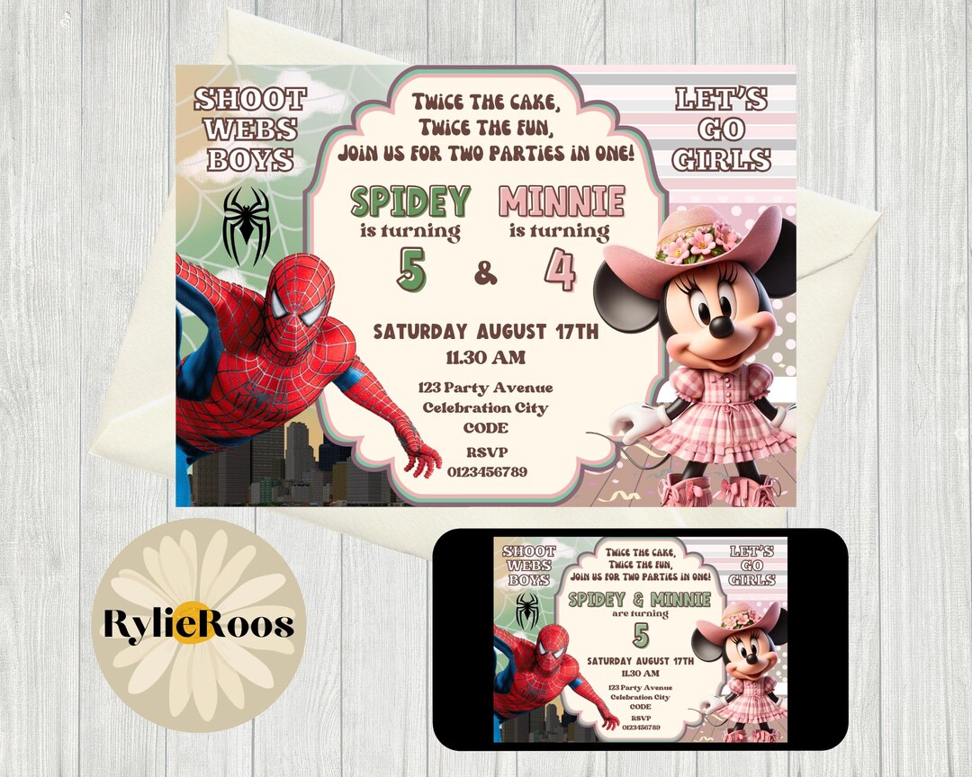 Spiderman & Rodeo Minnie Twins Birthday Invitation (editable Digital ...