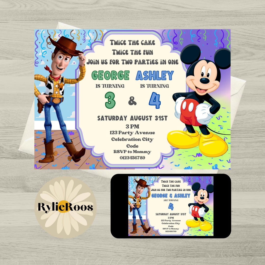 Woody and Mickey Mouse Birthday Invitation: Joint, Twin, Siblings, Dual ...