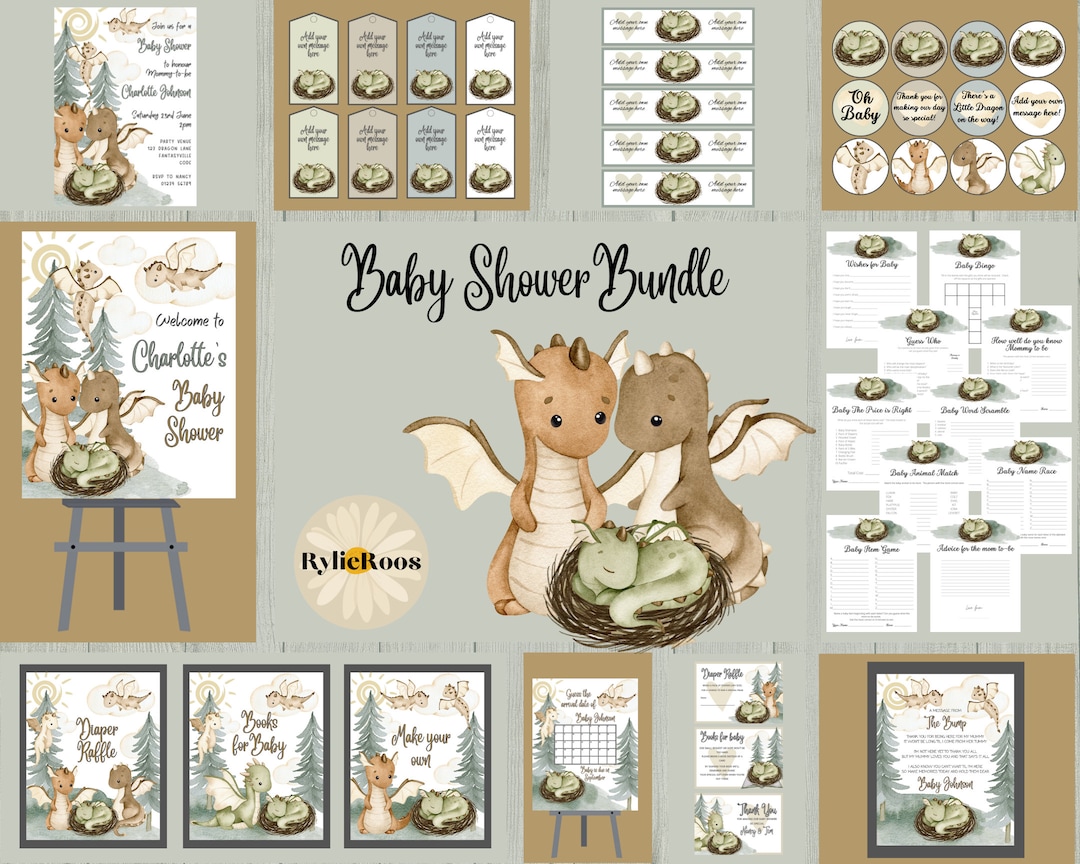 Beige Neutral Dragon Baby Shower Bundle, Baby Dragon Shower Bundle ...