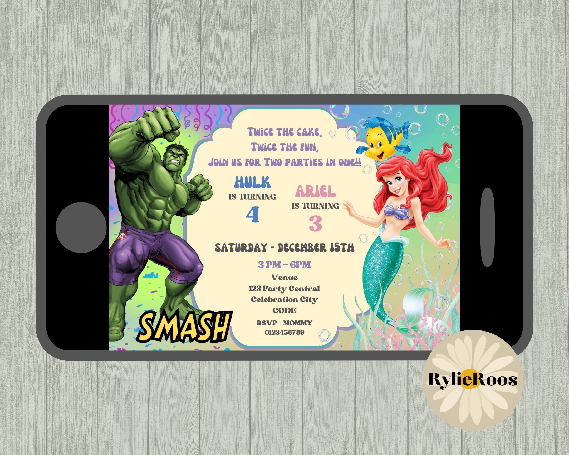 Hulk and Ariel Birthday Invitation: Twins or Siblings (digital) - Etsy
