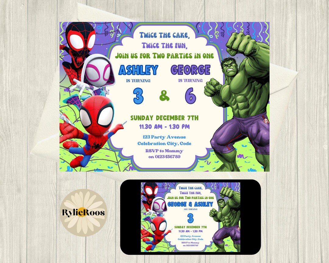 Spidey & Hulk Joint Birthday Invitation: Twin, Siblings, Dual Themed ...
