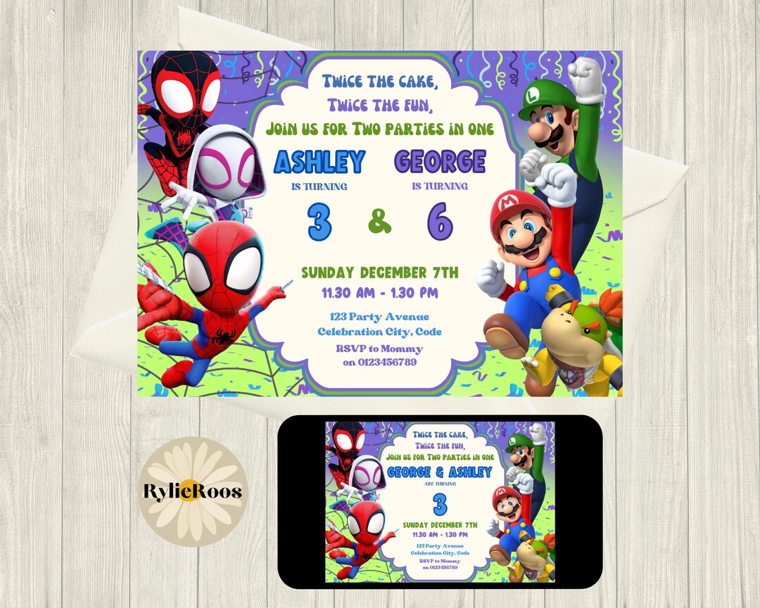 Spidey & Mario Joint Birthday Invitation: Twin, Siblings, Dual Themed ...