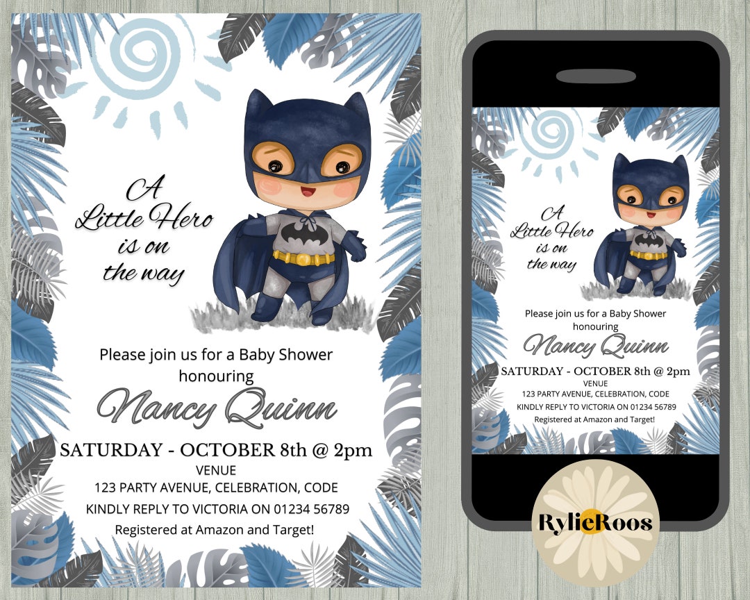 Bat Boy Baby Shower Invitation, Superhero Baby Shower Invitation, Blue ...