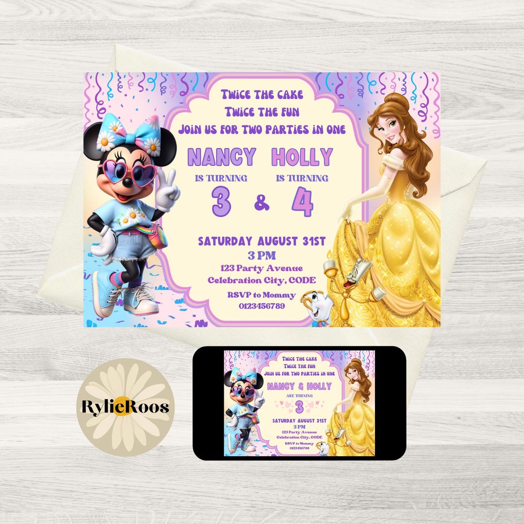 Minnie & Belle Joint Birthday Invitation: Twin, Siblings, Dual Themed ...