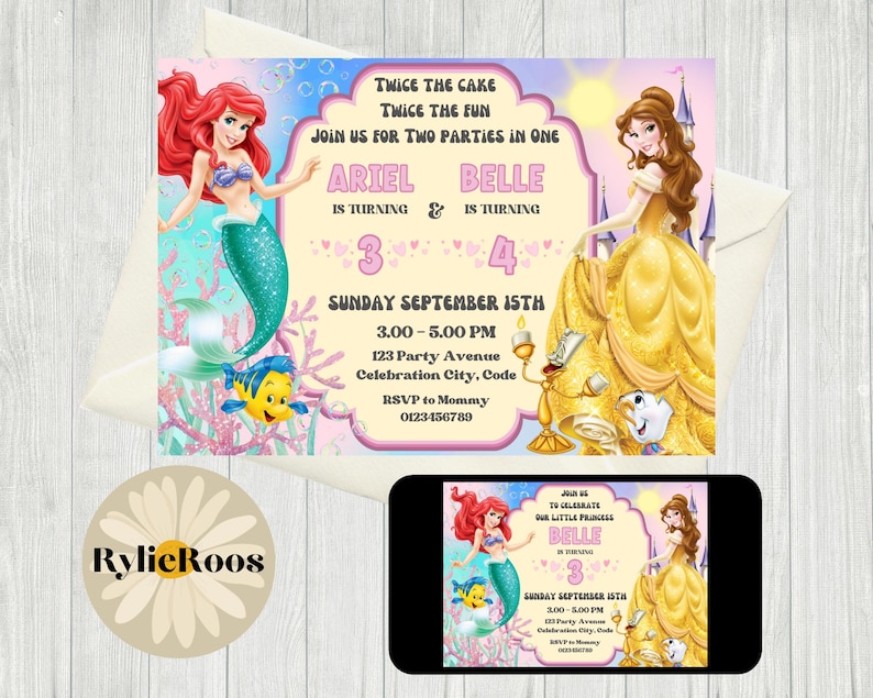 Ariel & Belle Joint Birthday Invitation: Twins Party Evite (digital ...