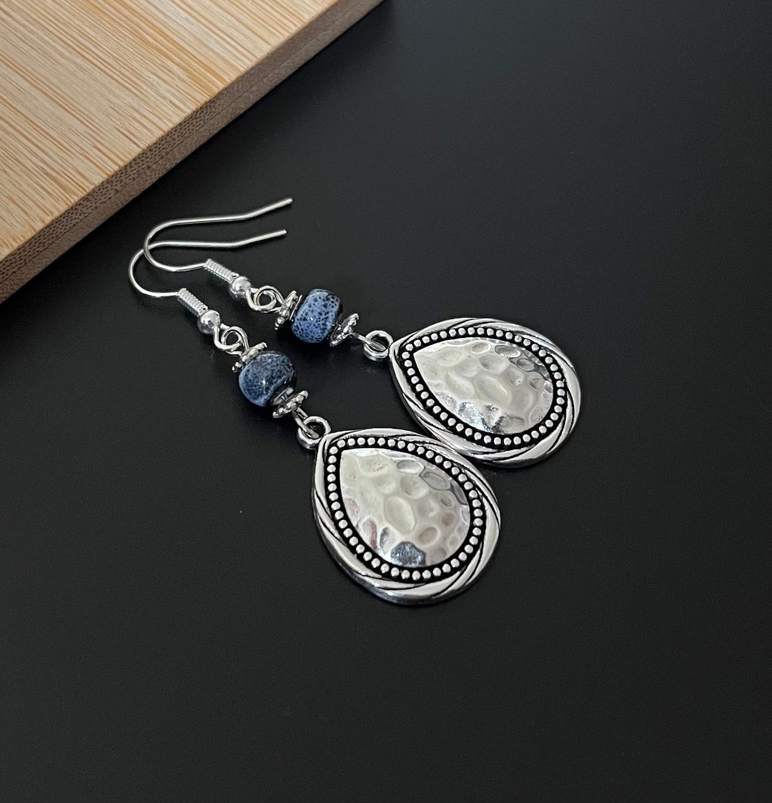 Boho Earrings, Blue Dangle Earrings, Ethnic Drop Earrings, Ceramic ...