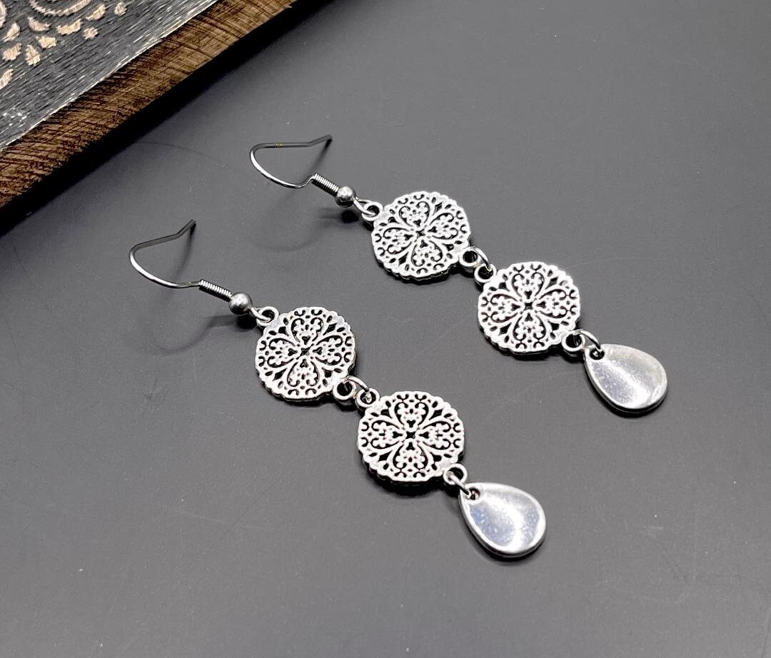 Boho Drop Earrings, Long Dangle Earrings, Silver Earrings, Ethnic Style ...