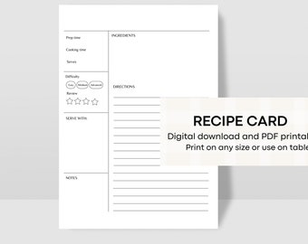 Digital Recipe Card Templates in 4 Colours-instant Download Printable ...