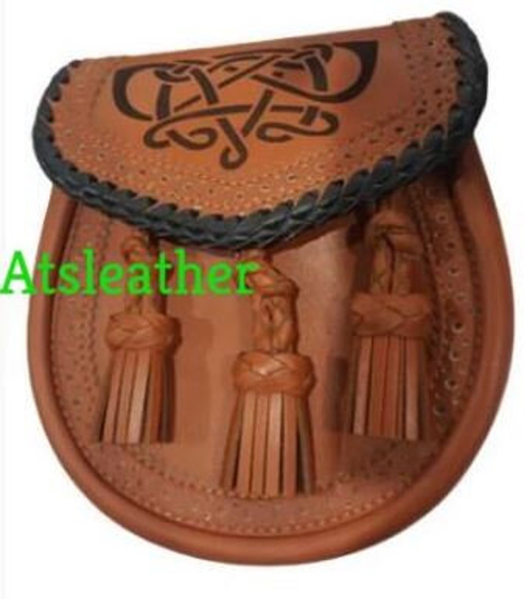 Scottish Leather Kilt Sporran With Belt & Chain Black Celtic Design ...