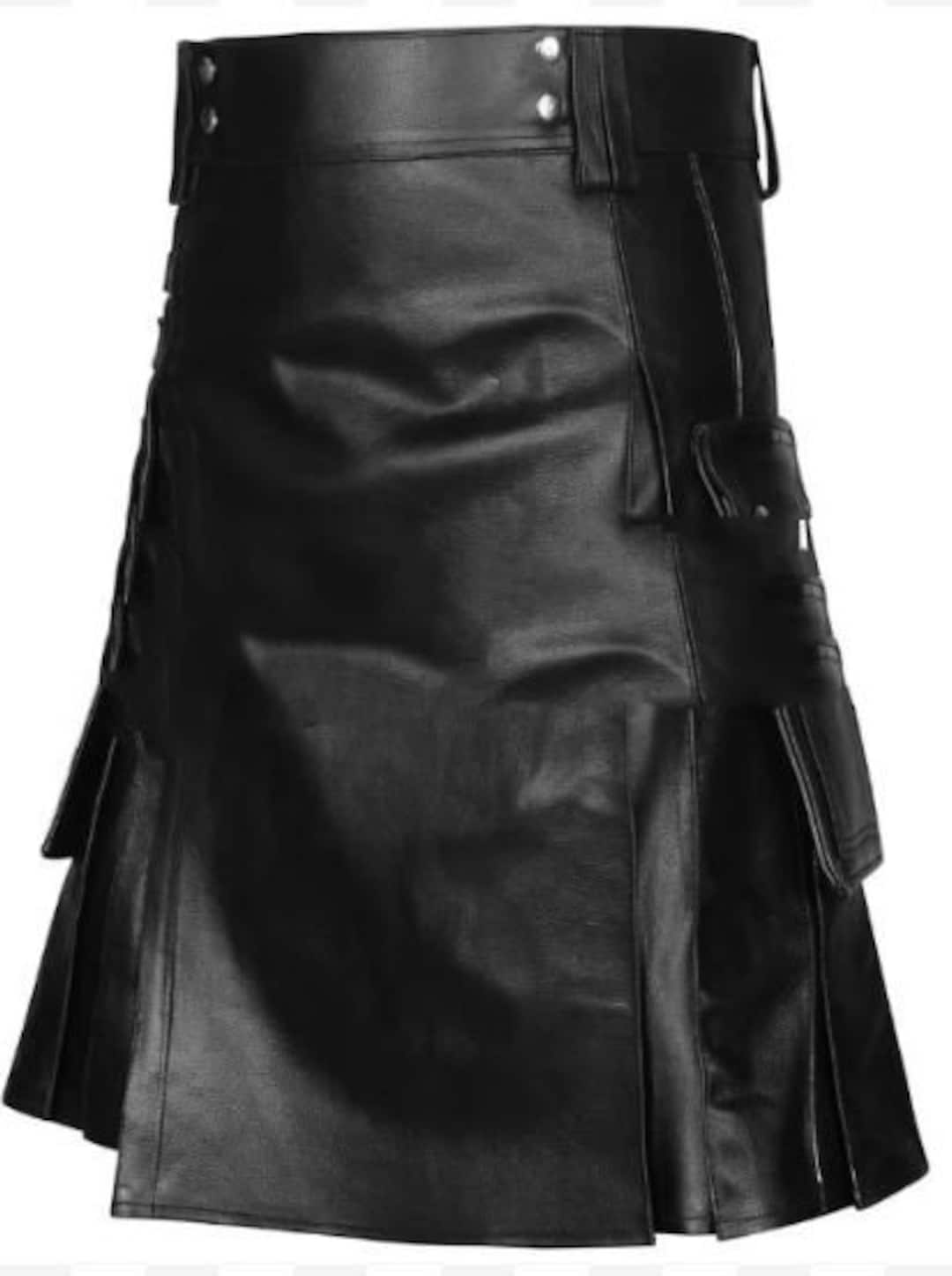 Cow Hide Black Leather Utility KILT for Men Scottish Utility Kilt ...