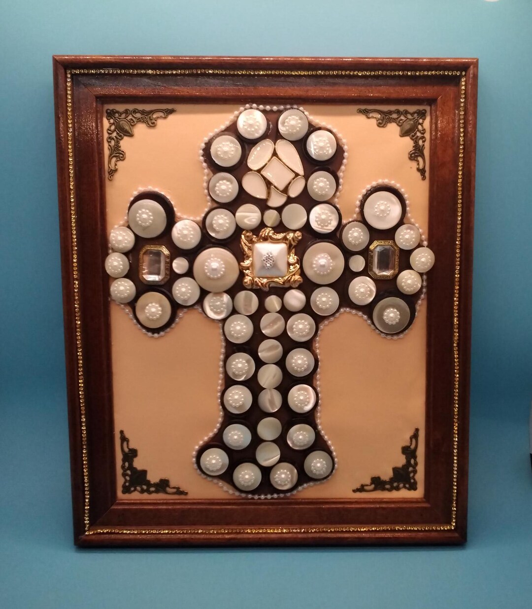 Gallery Wall, Button Art, Easter, Cross, Ornate Button Cross, Brown Buttons, Ivory Buttons, Gold ...