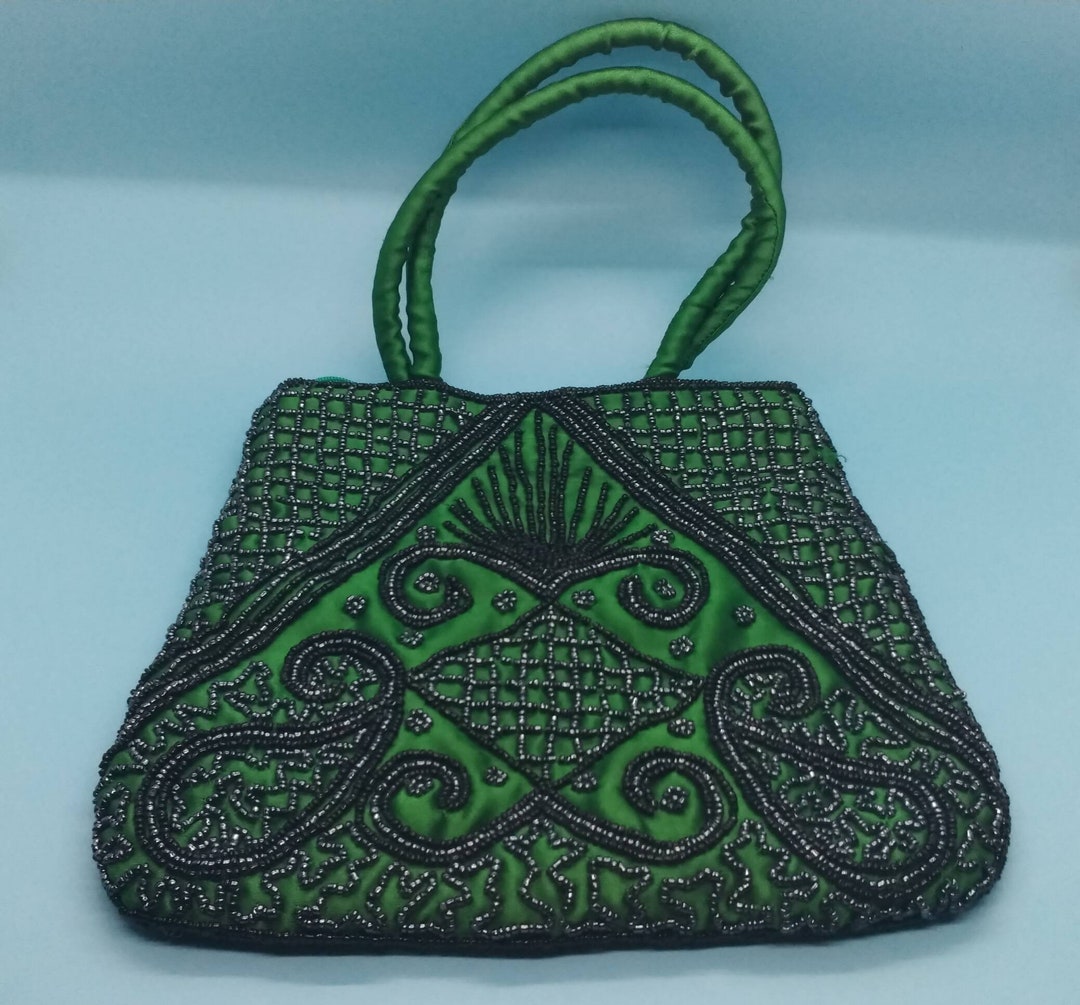 Bead/sequence, Handbag, Cross Body Bag, Short Handle Clutch, Green Silk ...