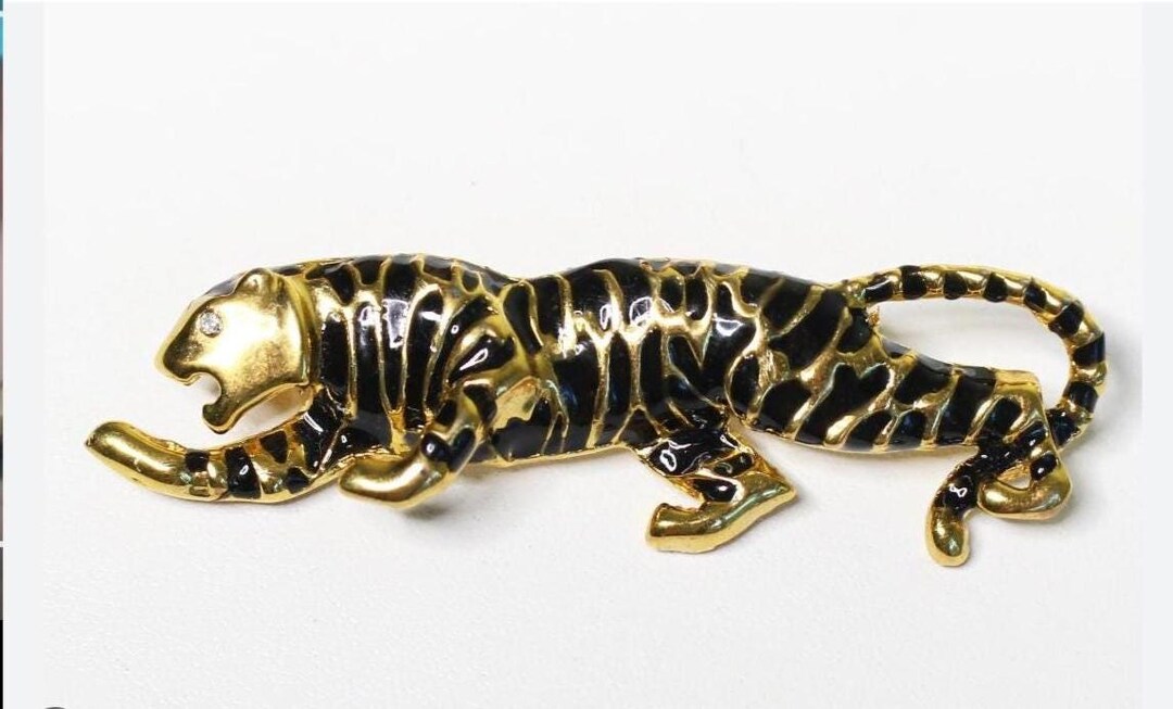 Vintage Tiger Brooch, Gold Tone Metal, Black Enamel Stripes, Rhinestone ...