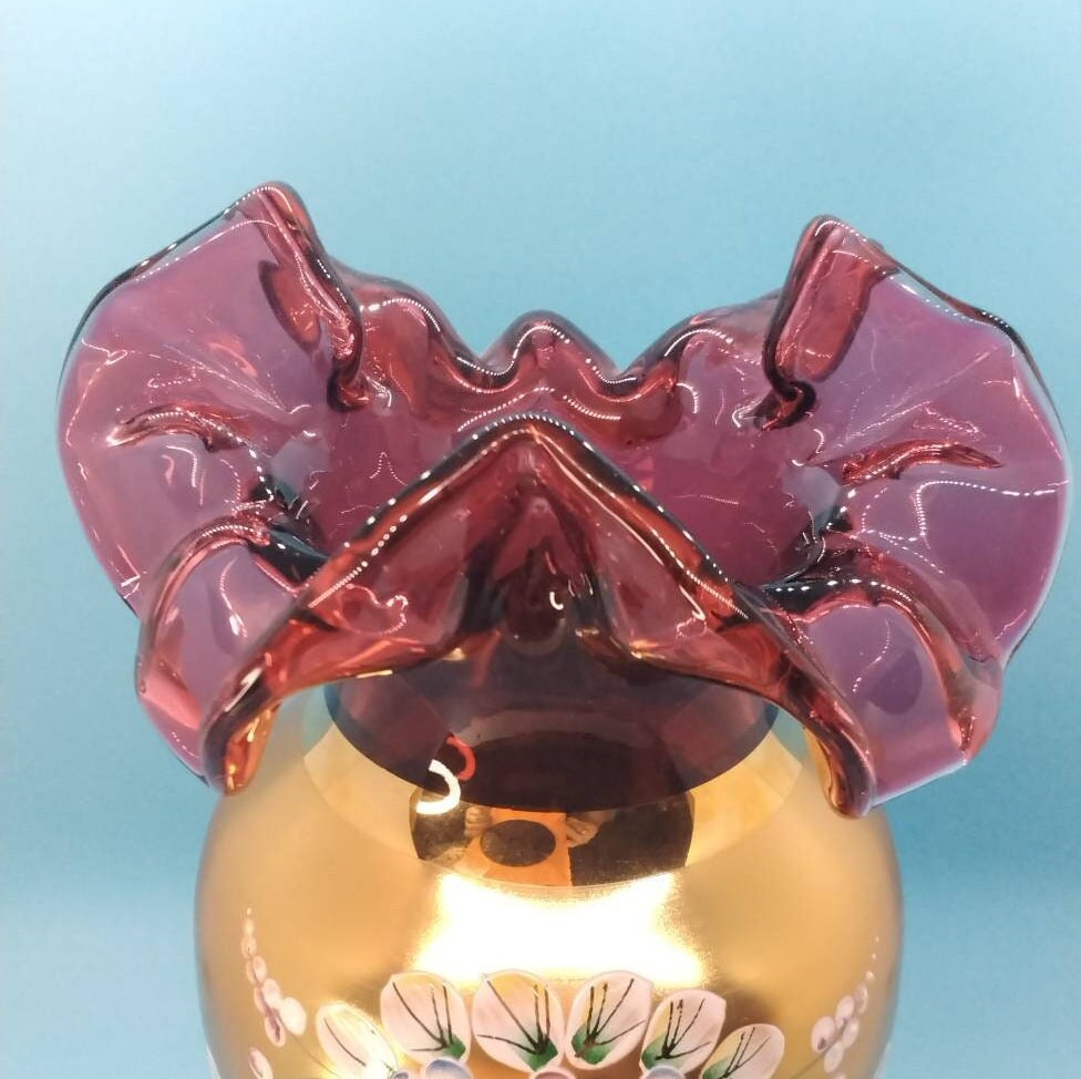 Art Glass Vase Cranberry Glass Ruffled Rim Applied - Etsy