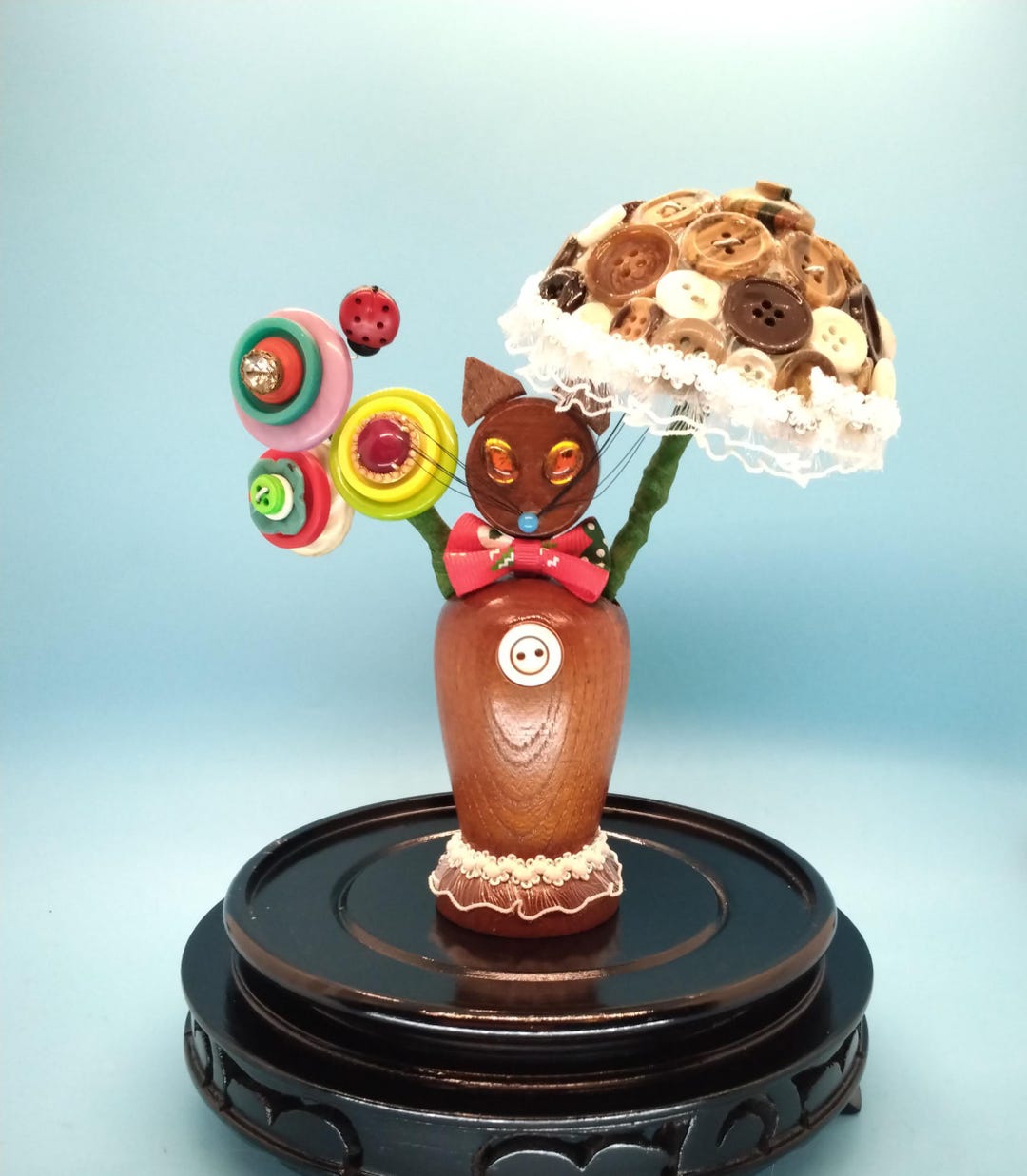 Handmade by Me, Button Essemblage, Cat Figurine, Wooden Cat Figurine ...