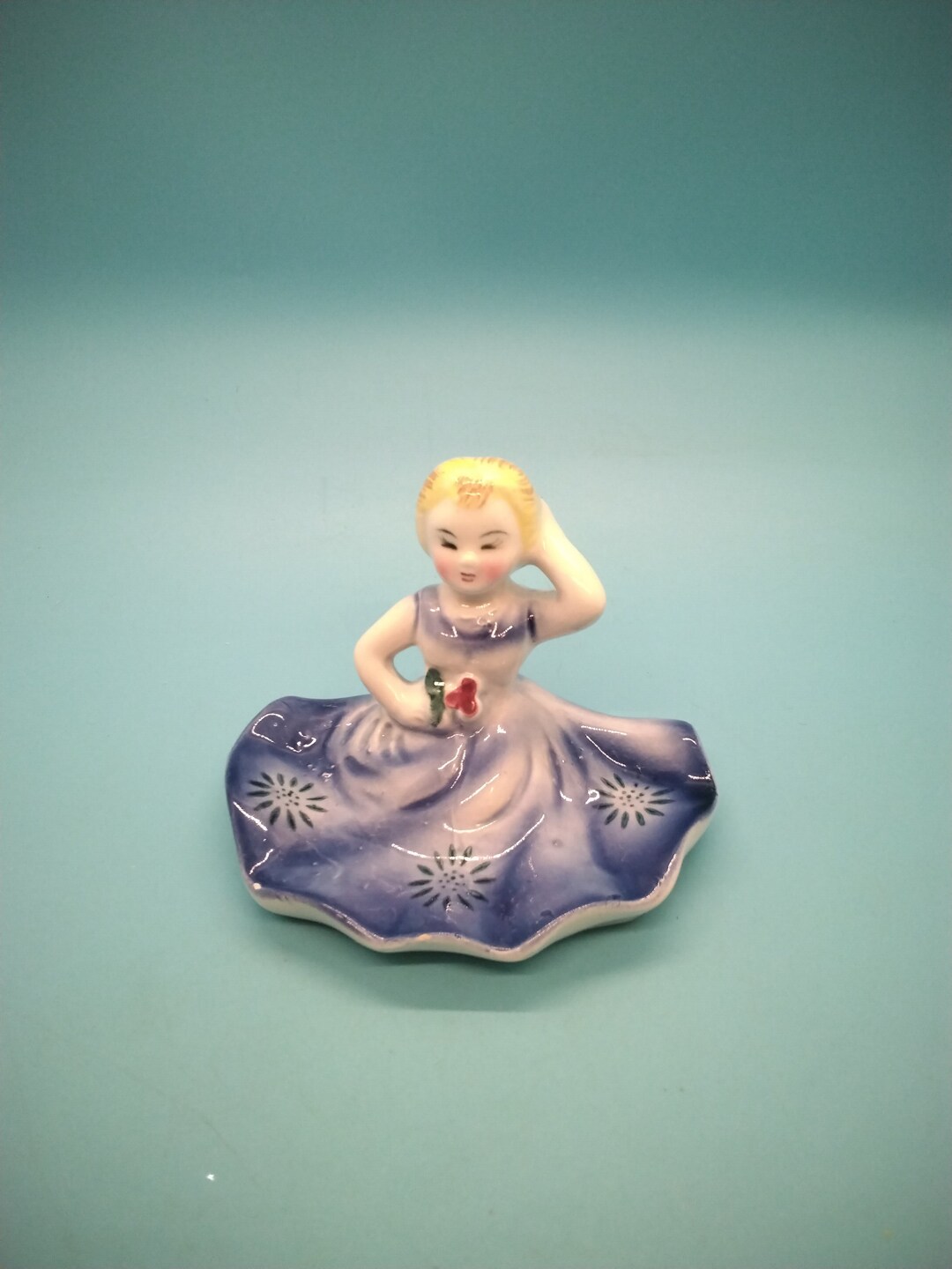 Trinket Dish, Girl Figurine, Porcelian Figurine, Blue Dress, Blue Dress ...