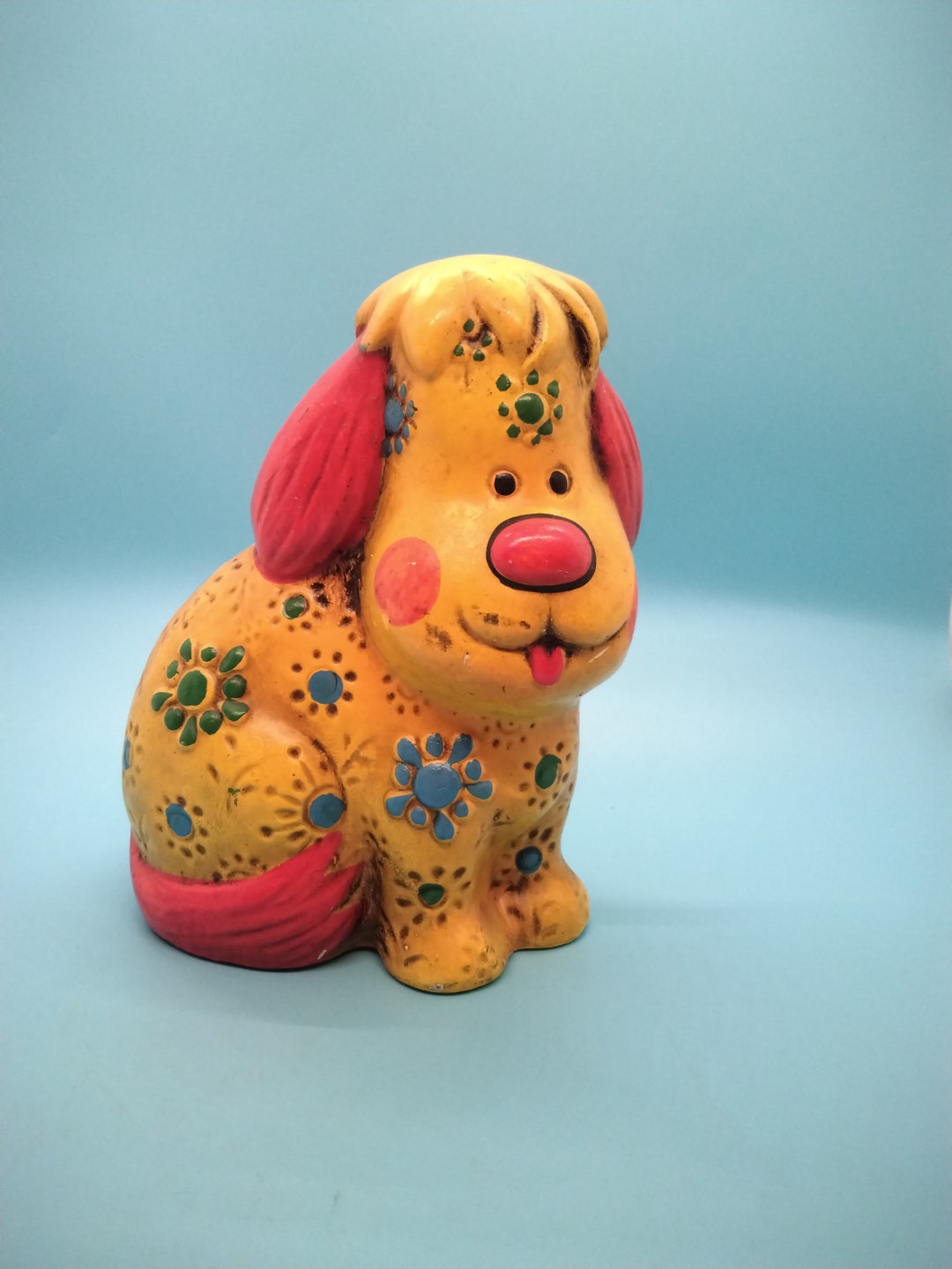 Paper Mache Coin Bank, Dog, Yellow Dog, Big Goofy Dog, Red Ears Dog ...