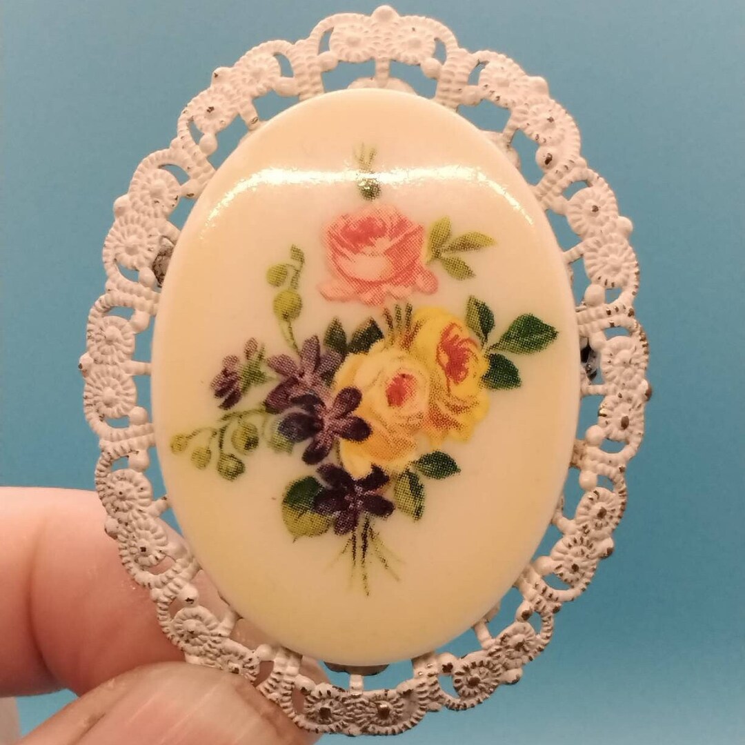Jewelry Brooch Foral Print Enamaled Metal Oval Filigree - Etsy UK