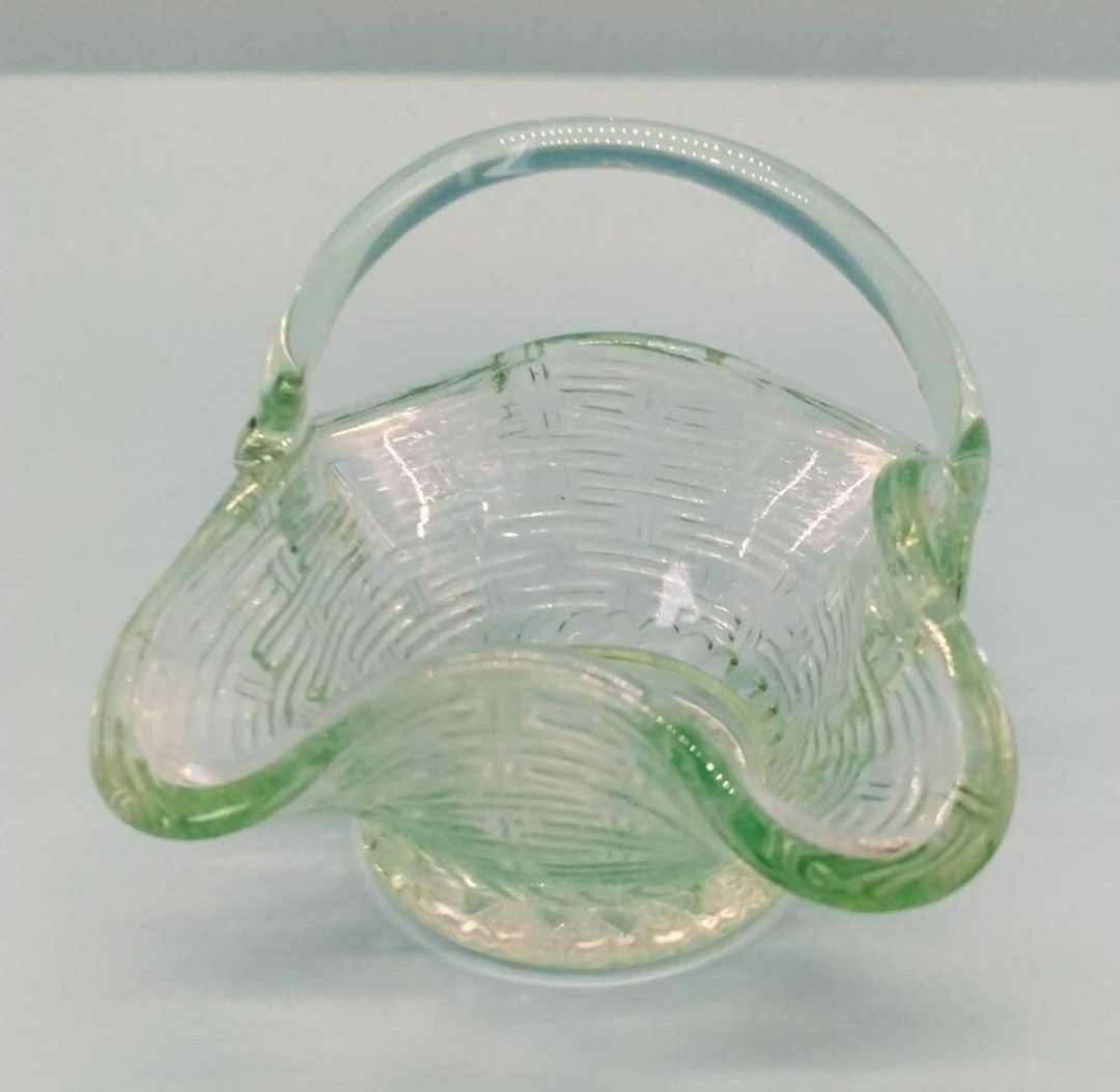 Art Glass, Basket, Glass Basket, Minature Sized Basket, Green Glass ...