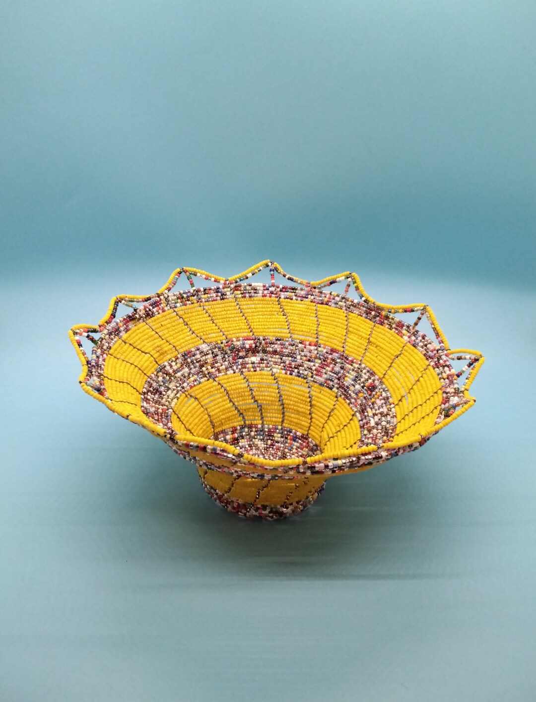 Home Decor, Basket, Beaded Bowl, Glass Beads, Seed Beads, Yellow Beads ...