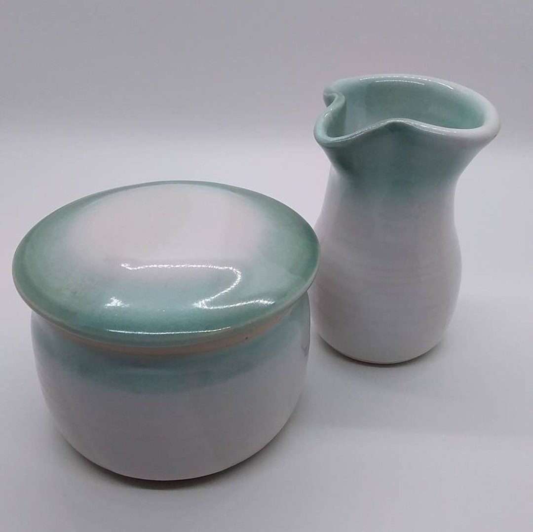 Vintage Ceramic Sugar and Creamer Set, Green Ambre Glaze, Wales 1980s ...