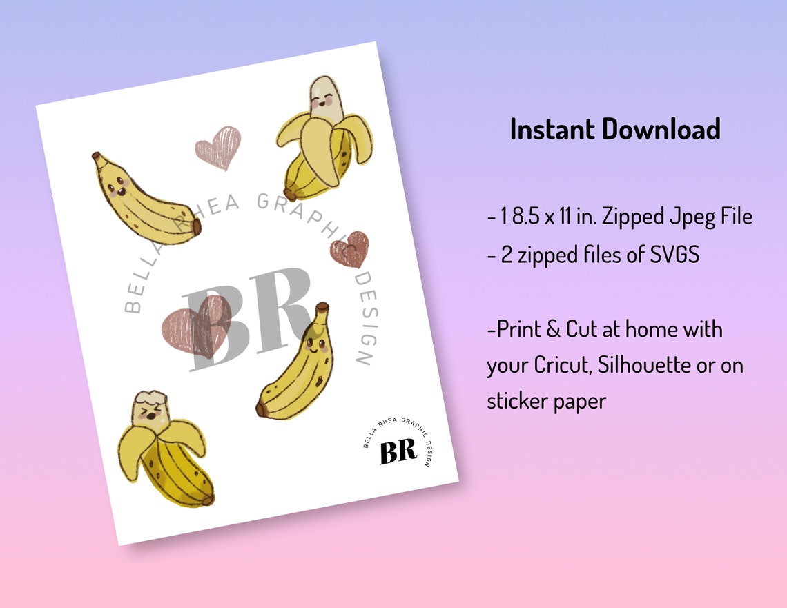 Printable Kawaii Banana Stickers, SVG Stickers, Print and Cut Banana ...