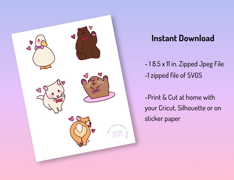 Printable Animal Valentine Stickers, SVG Stickers, Print and Cut ...