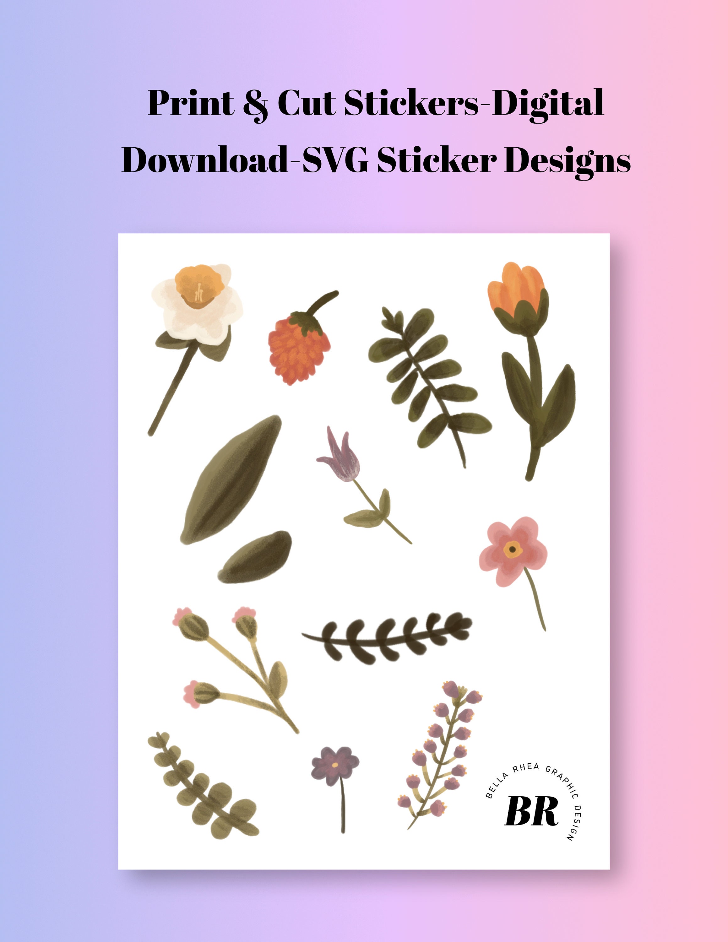 Printable Spring Florals Stickers, SVG Stickers, Print and Cut Flower ...