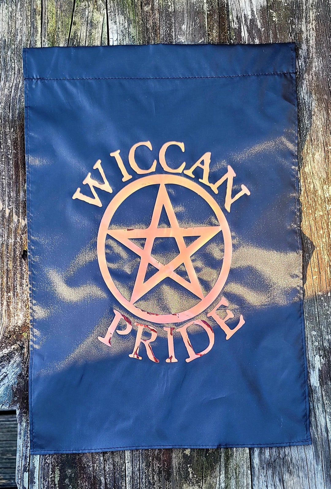 Wiccan Pride Garden Flag With Pentacle shown in Holographic Vinyl - Etsy