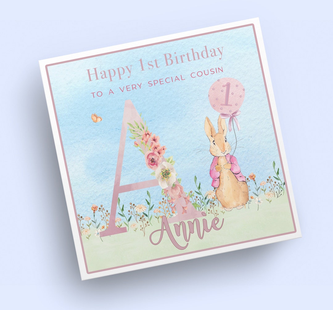Cousin 1ST Birthday Card Baby Girl Rabbit Design Name Initial 2nd 3rd ...