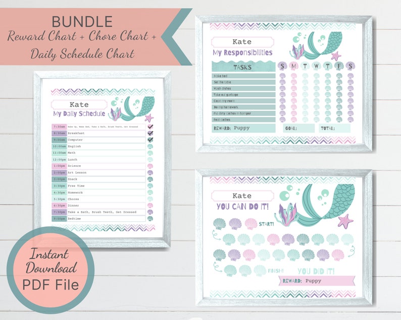 Printable Mermaid Reward Chart, Chore Chart, Daily Schedule Chart ...
