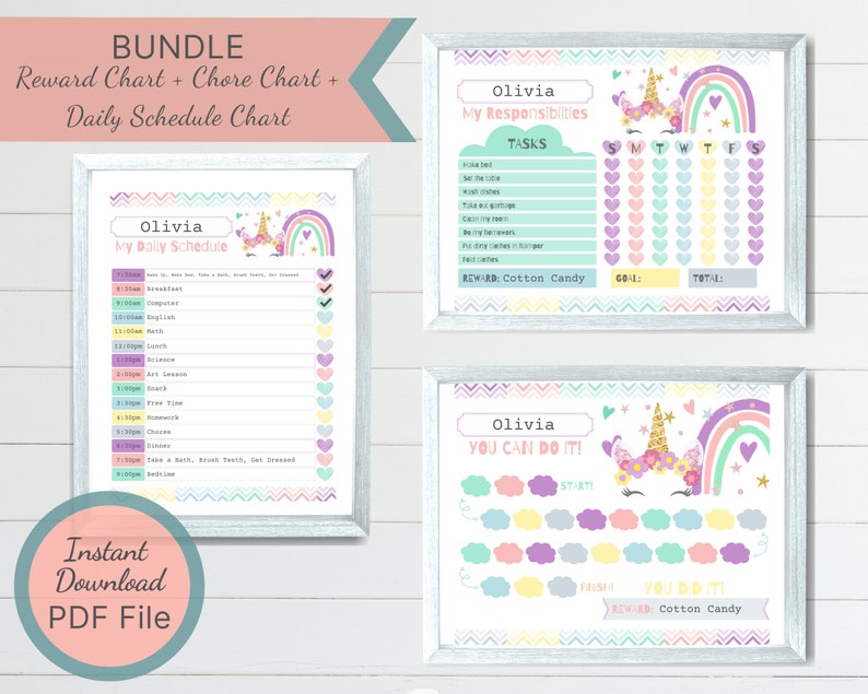 Printable Unicorn Reward Chart, Chore Chart, Daily Schedule Chart ...