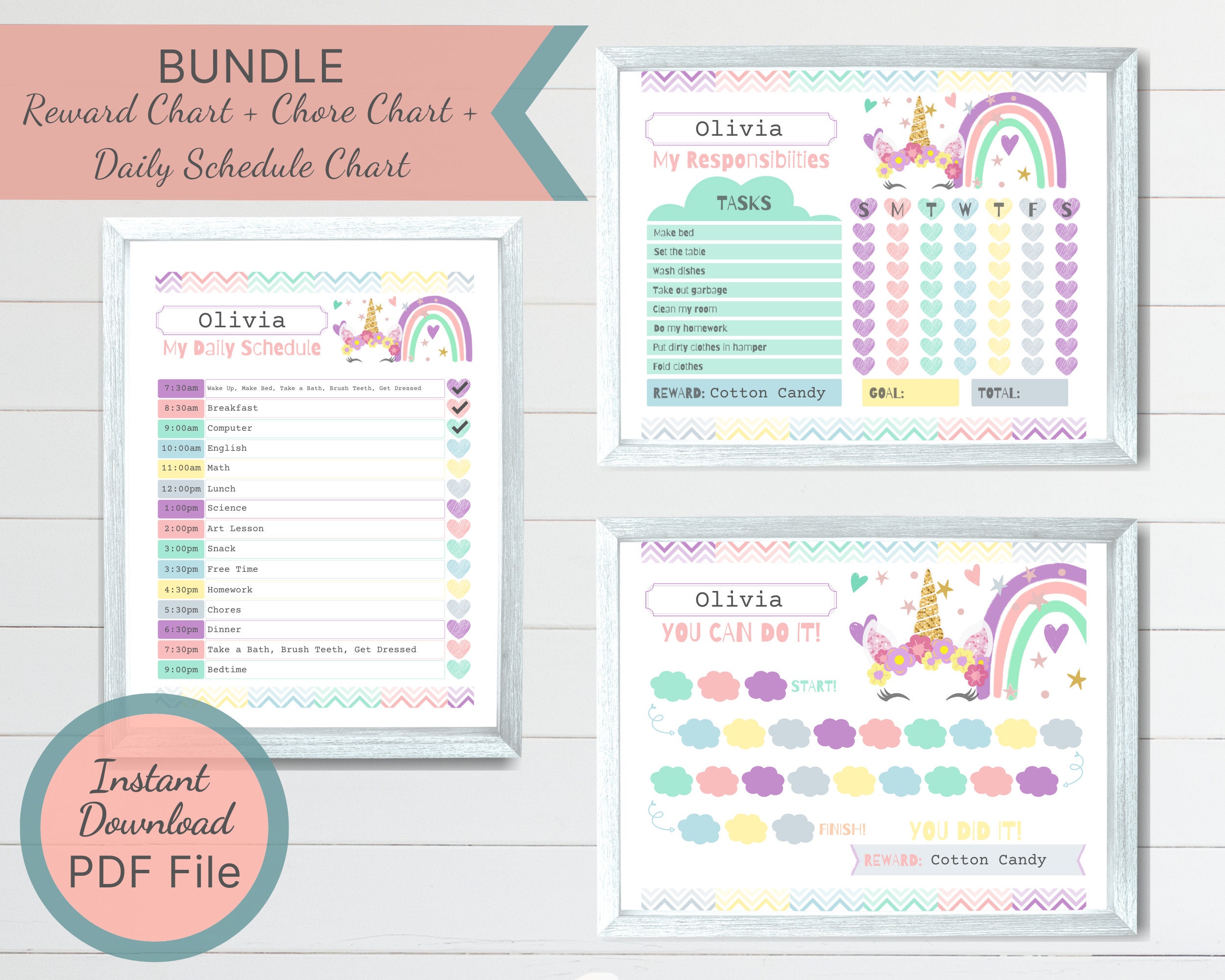 Printable Unicorn Reward Chart, Chore Chart, Daily Schedule Chart ...