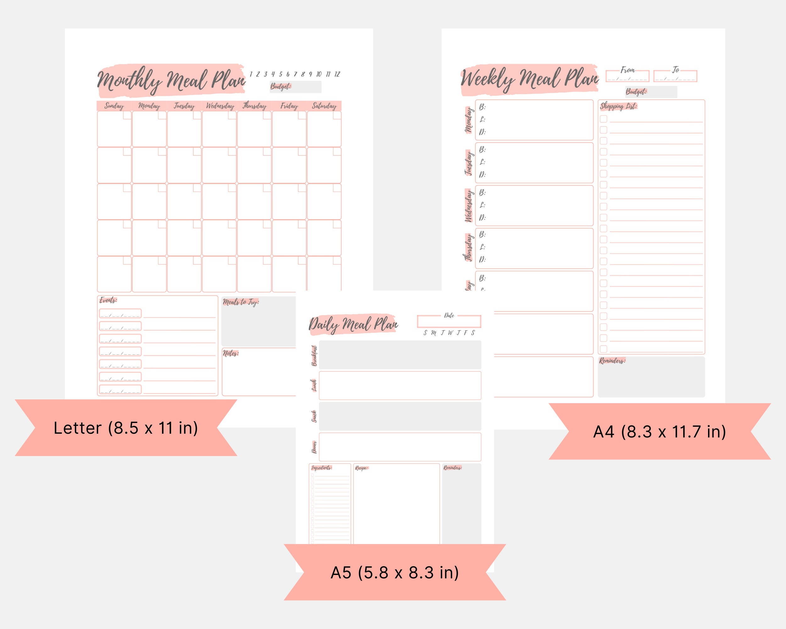 Printable Meal Planner / Daily Weekly Monthly / Menu Planner / Meal ...