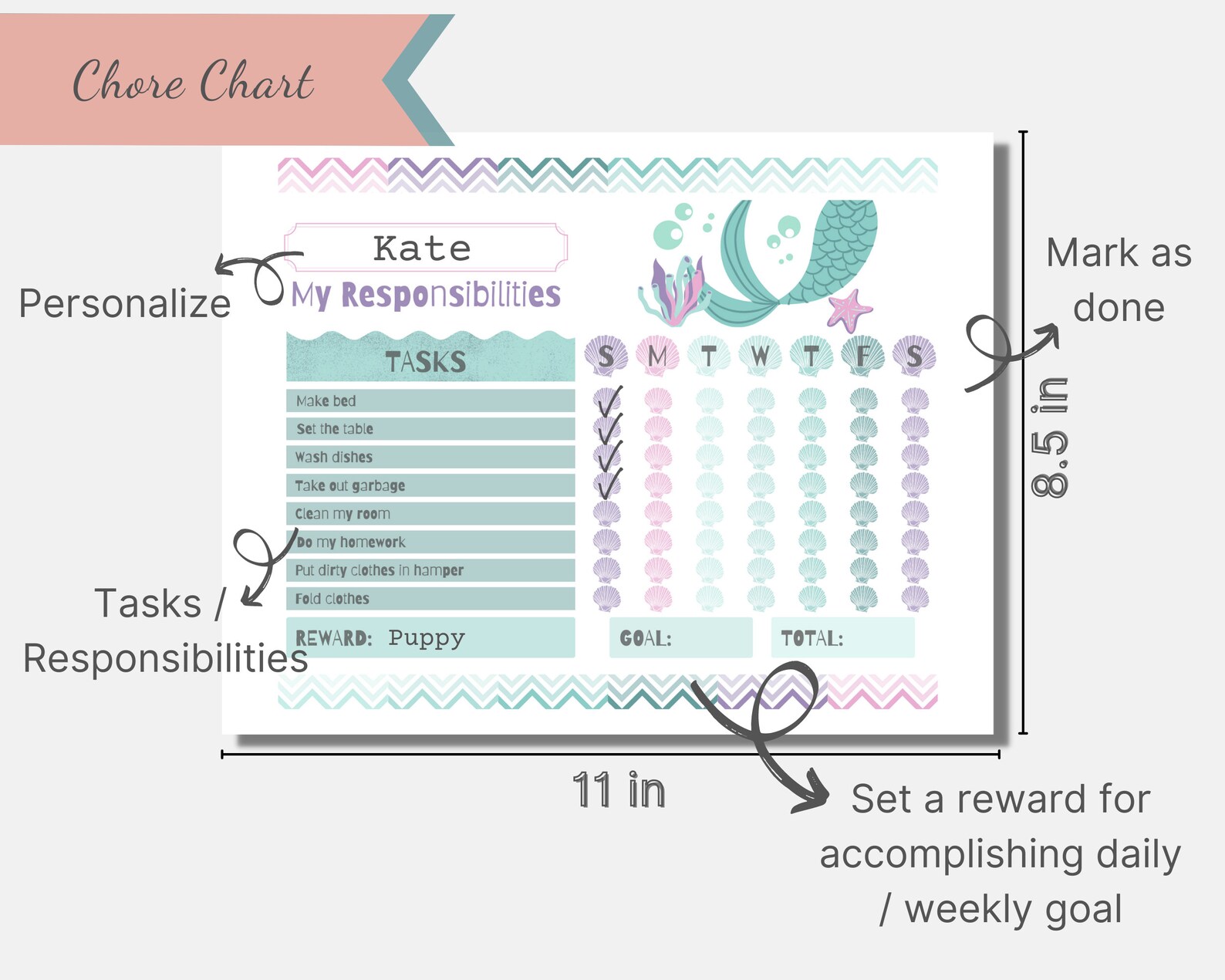 Printable Mermaid Reward Chart, Chore Chart, Daily Schedule Chart ...