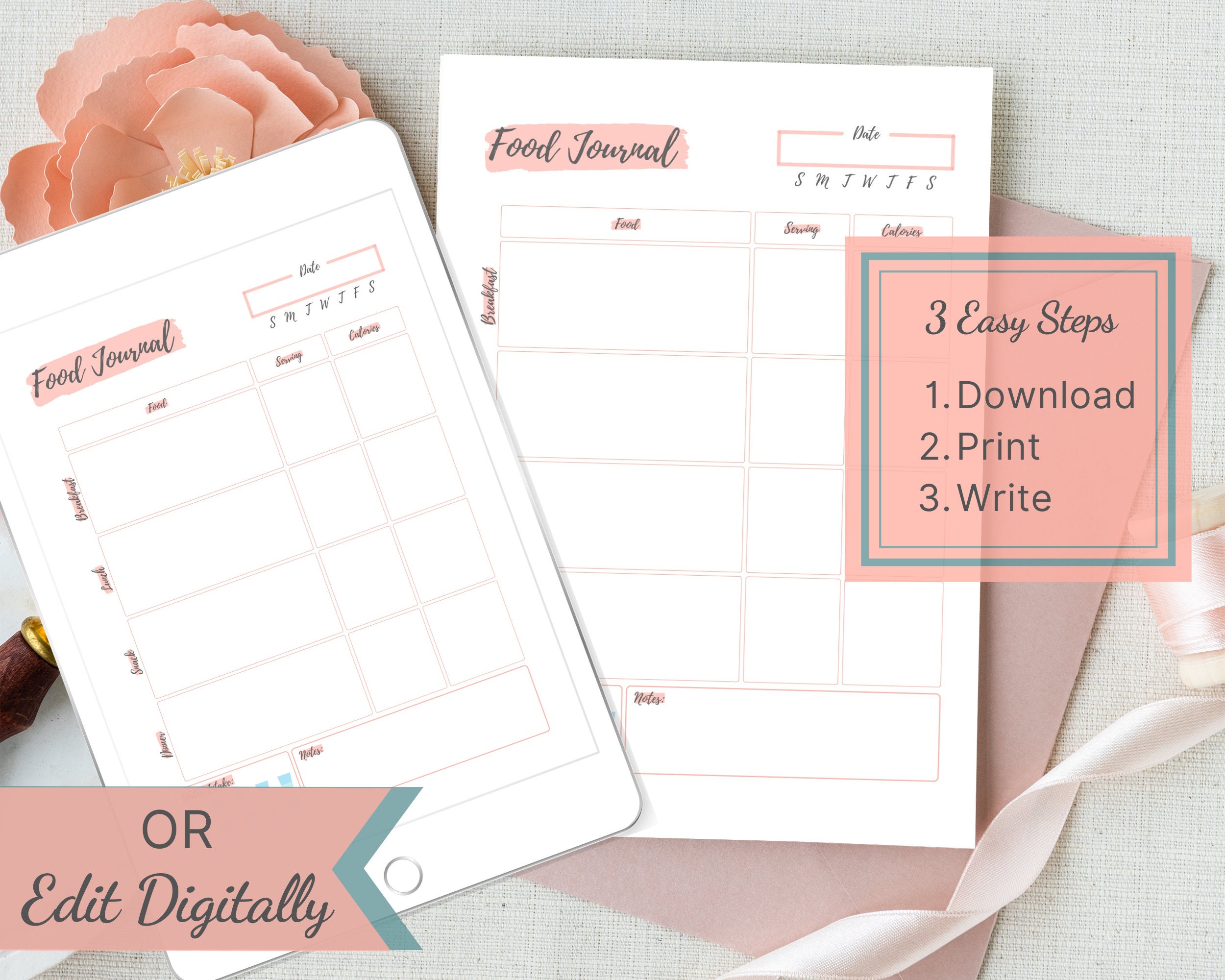 Printable Food Journal / Meal Tracker / Daily Calorie Tracker / Daily ...