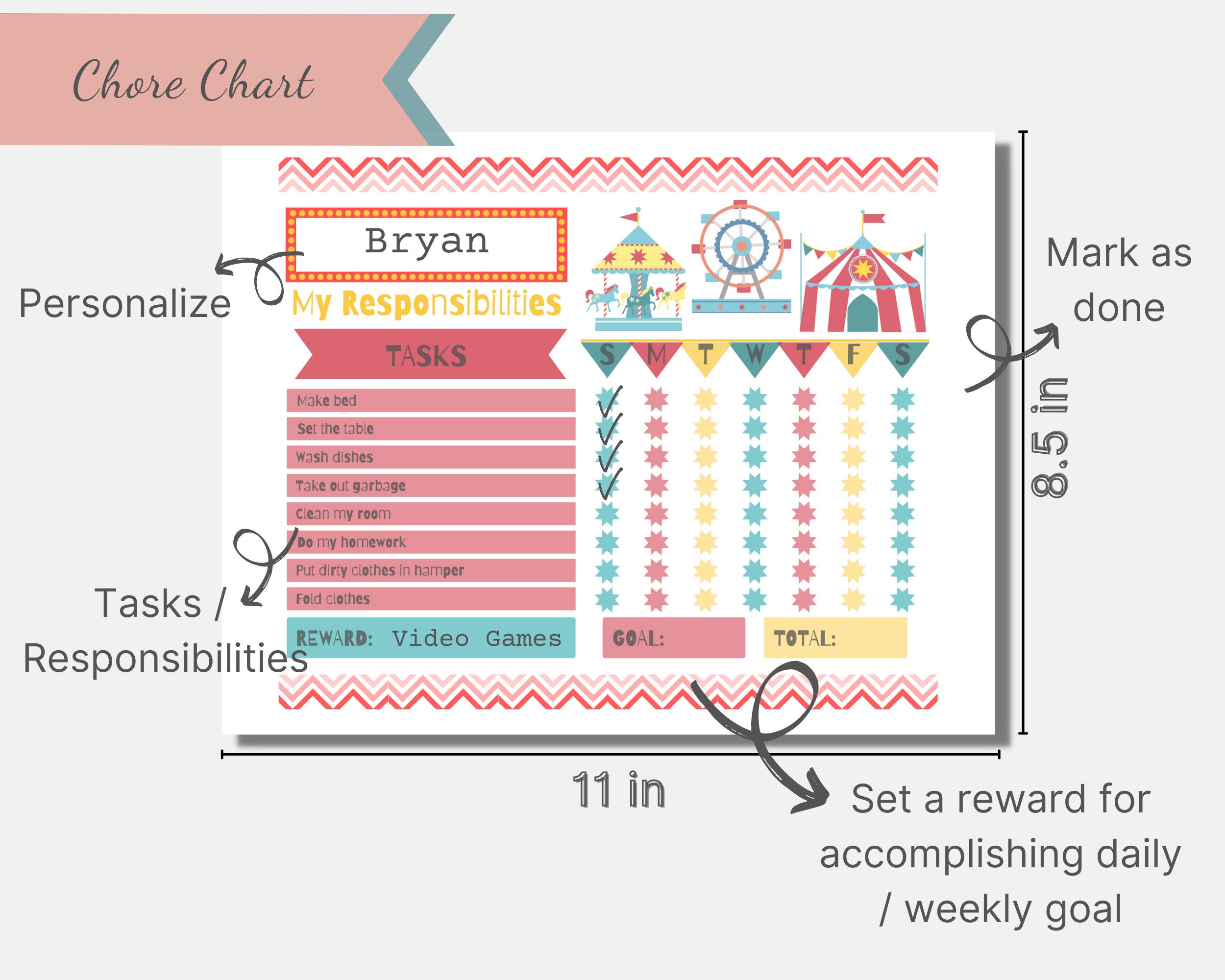 Printable Carnival Reward Chart, Chore Chart, Daily Schedule Chart ...