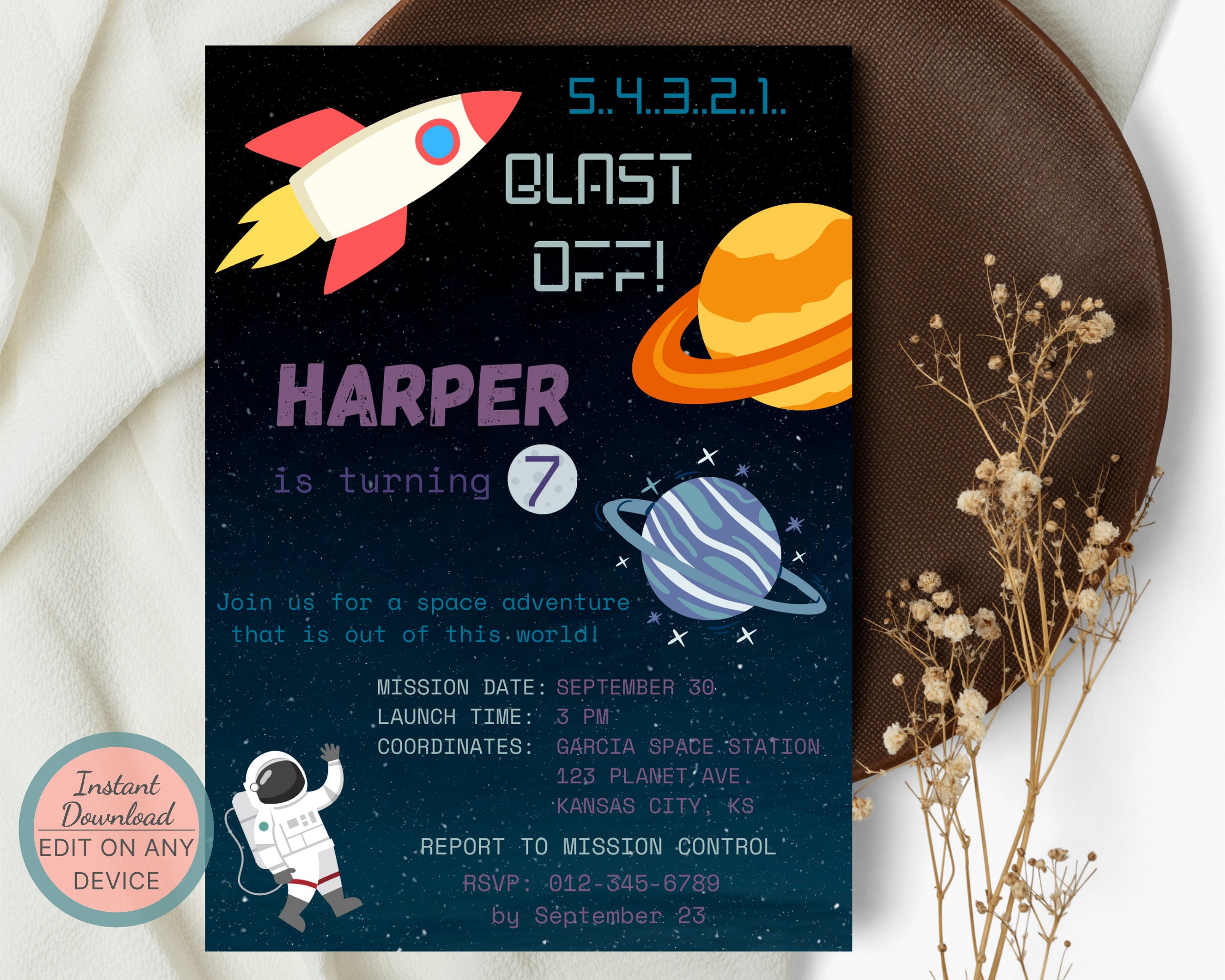 Editable Outer Space Birthday Invitation Template / Printable Birthday ...