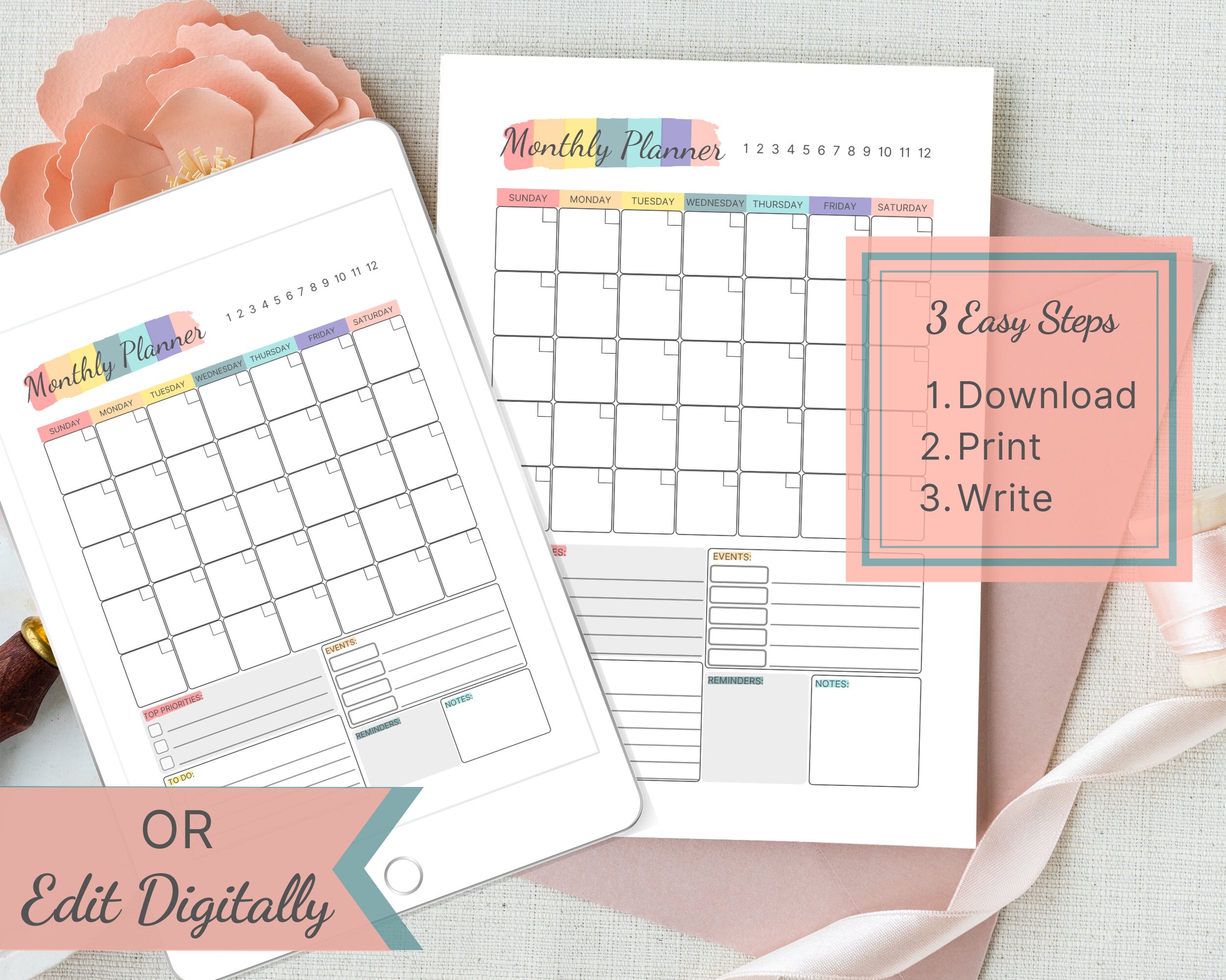 Printable Monthly Planner / Editable Month Organizer / Undated Monthly ...
