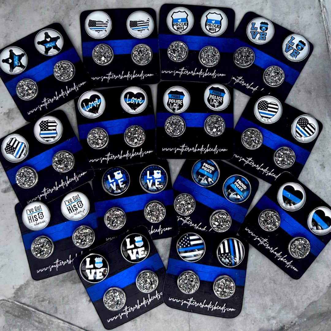 Police Thin Blue Line Support 16mm Studs With 12mm Gunmetal Druzy ...
