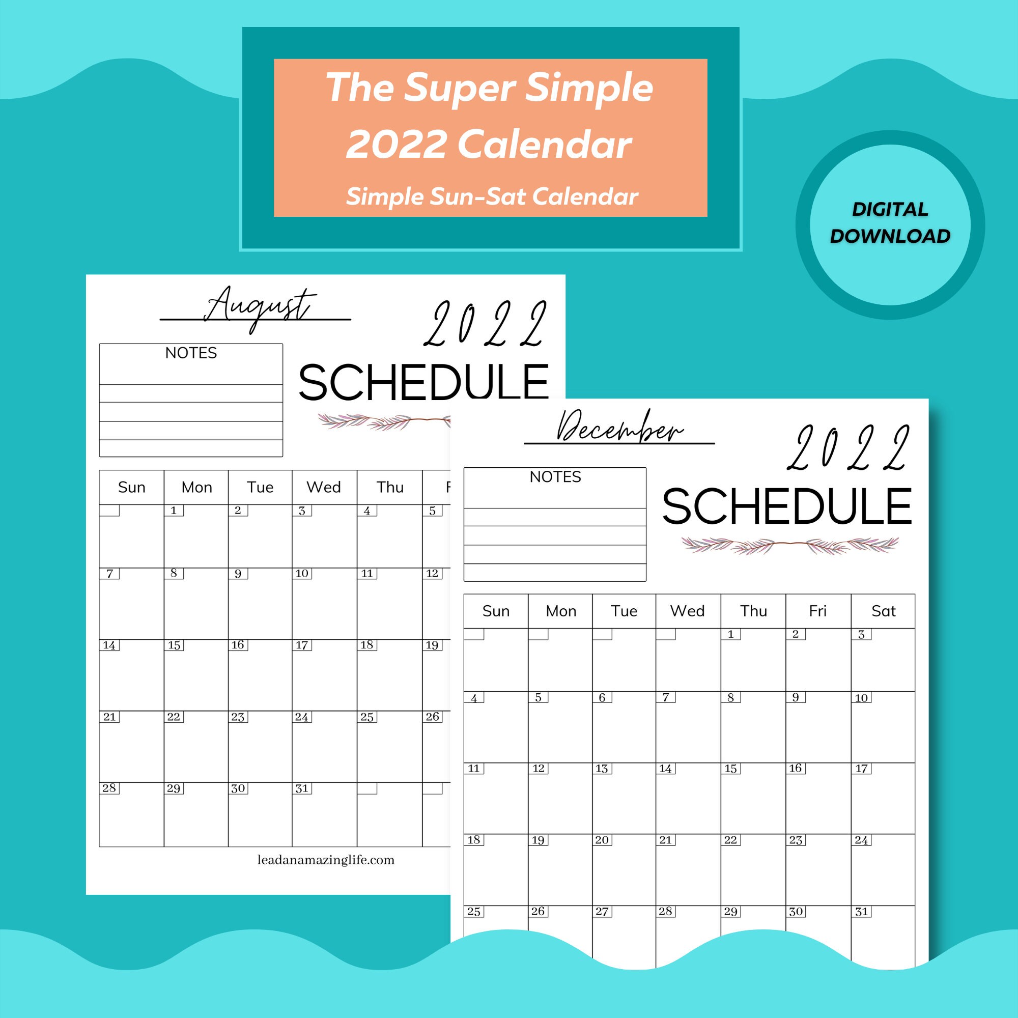 Super Simple 2022 Calendar Printable PDF, Monthly Planner, Printable ...