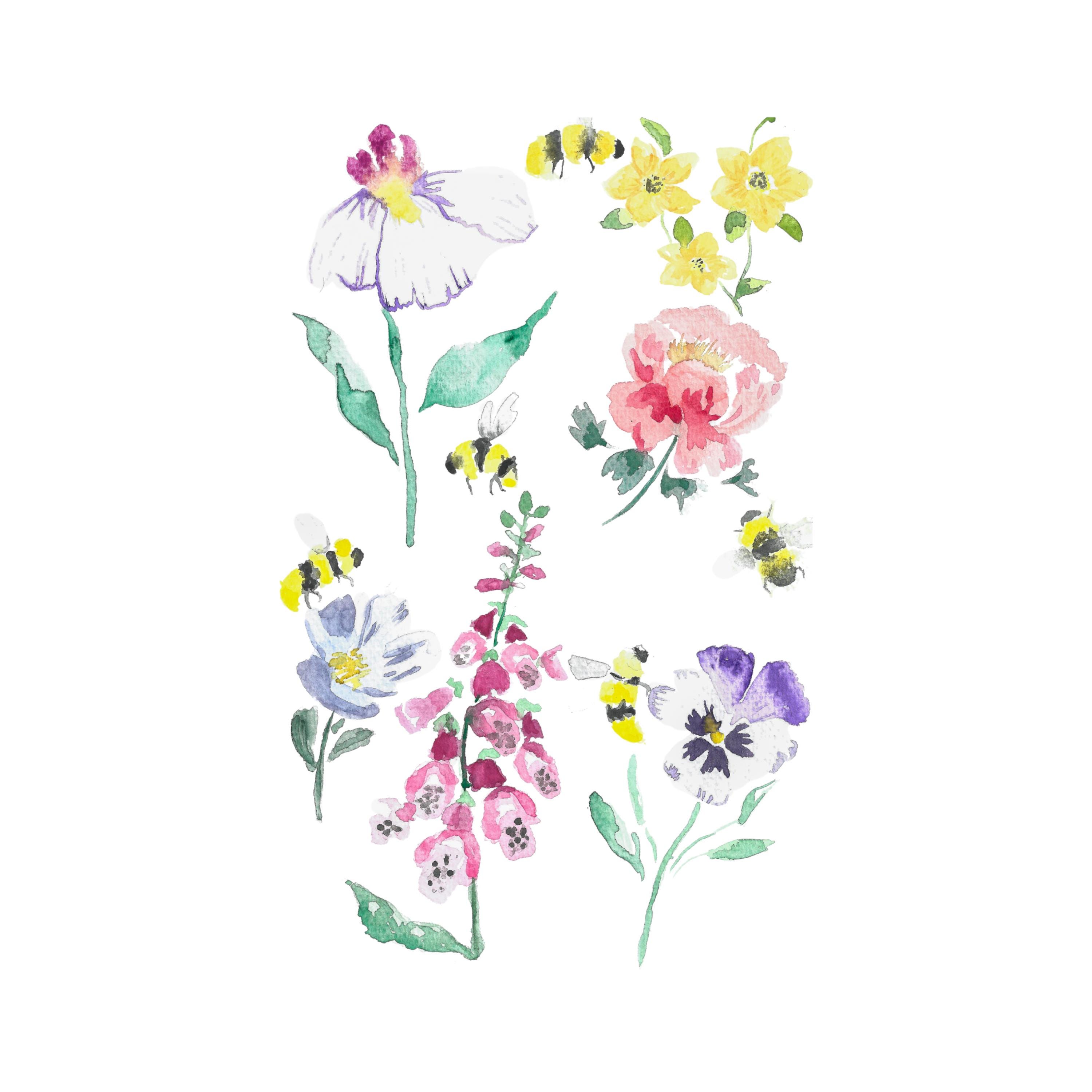 Flowers & Bees Watercolor | Printable Digital Art | Watercolor Wall Art ...