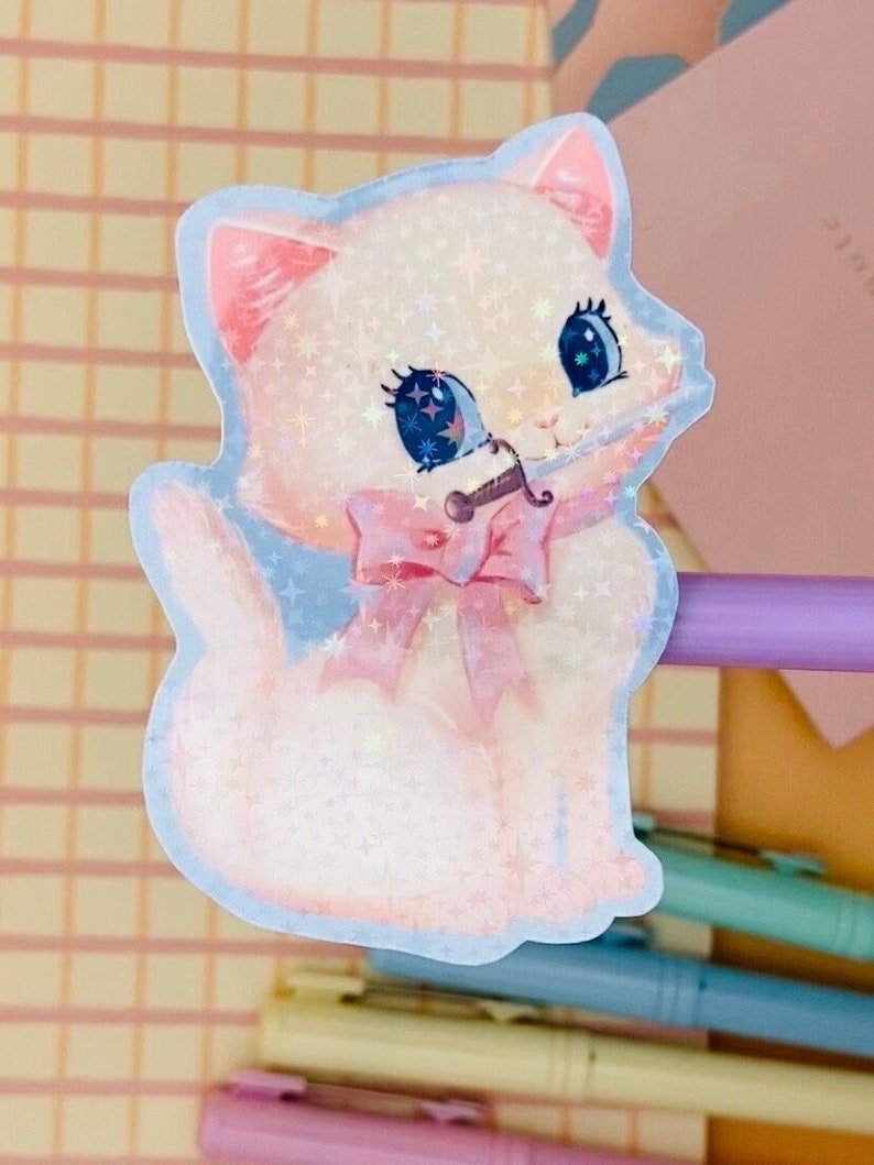 Dagger Cat Cute and Feral Vinyl Sticker Vintage White Cat Bow Water ...