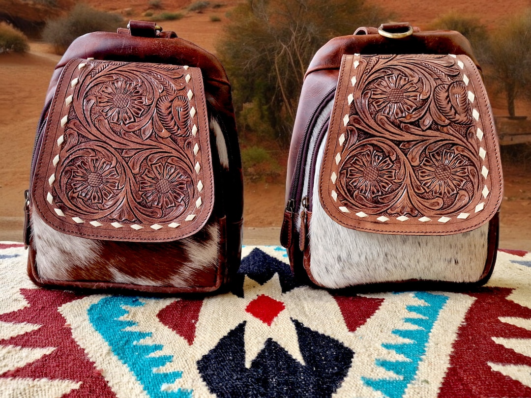 Genuine Cowhide and Embossed Leather Compact Backpack | Small Cowhide ...