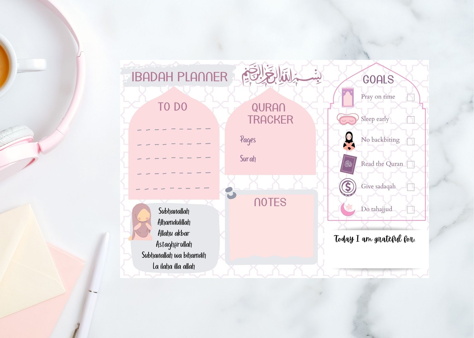 Printable Ibadah Planner Deskpad Pink Quran Tracker, Goals, Dhikr List ...