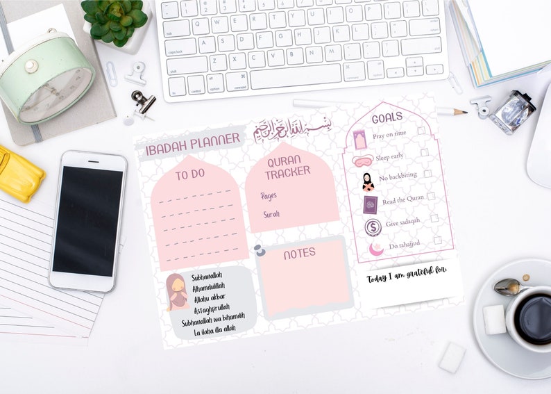 Printable Ibadah Planner Deskpad Pink Quran Tracker, Goals, Dhikr List ...