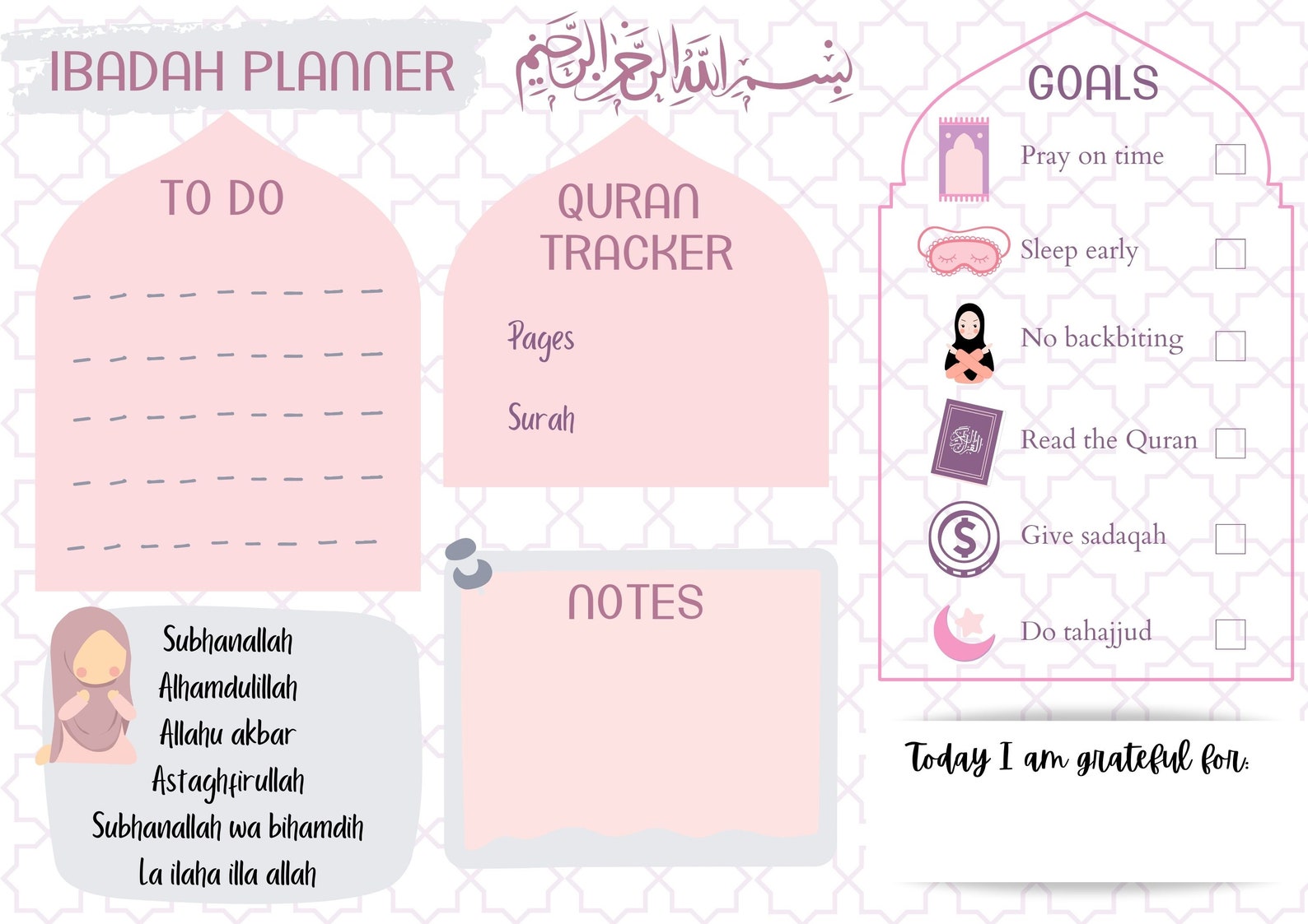 Printable Ibadah Planner Deskpad Pink Quran Tracker, Goals, Dhikr List ...