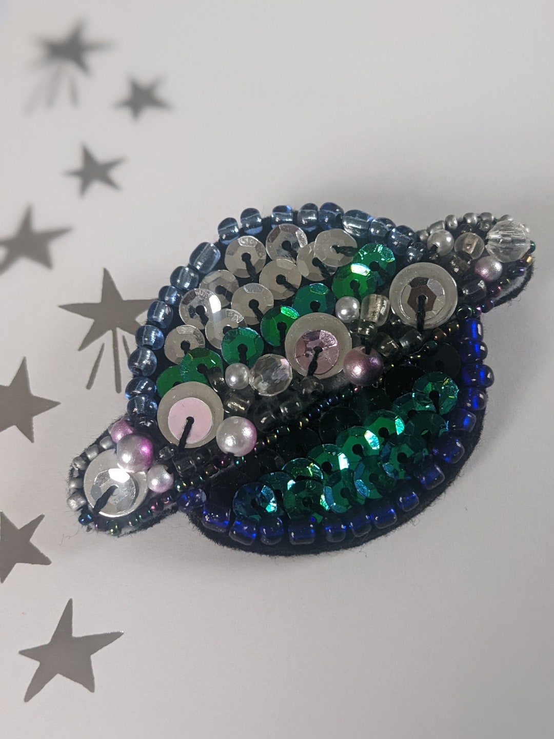 Beaded Planet Brooch With Sequin Details; Blue, Silver, Black & Faux ...