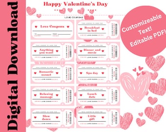 Customizable Valentines Love Coupons for Her or Him Template Fun Gift ...